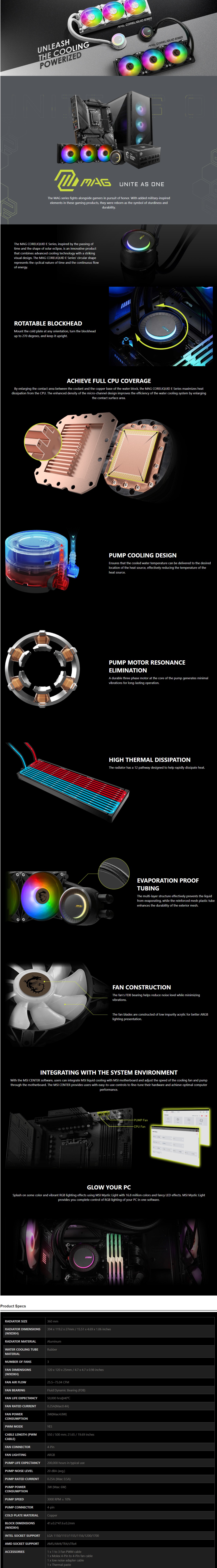 MSI MAG CORELIQUID E360 White CPU Cooler 360mm Radiator, 3x 120mm ARGB ...